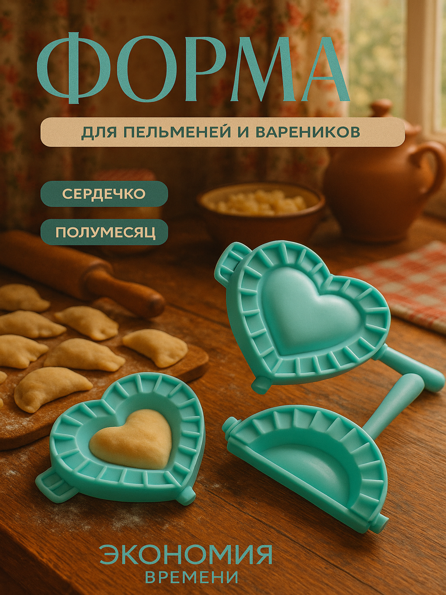 Пельменница ручная, набор форм для лепки пельменей и вареников/Голубой/Сердце и полумесяц/2шт