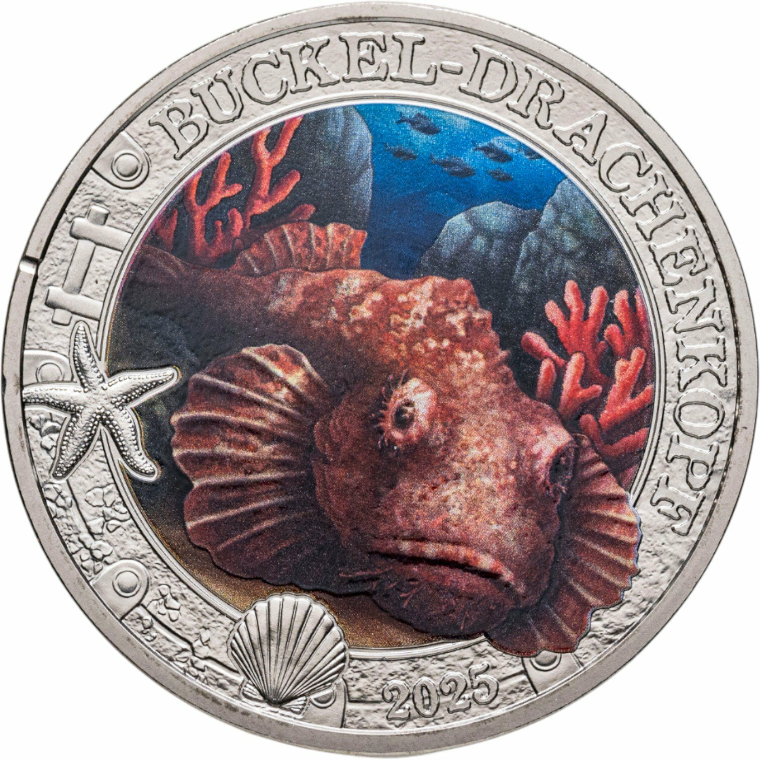 Австрия 3 евро euro 2025 "Светящаяся морская жизнь — Дьявольский скорпенопсис", Мельхиор медь-никель, в сохранности UNC