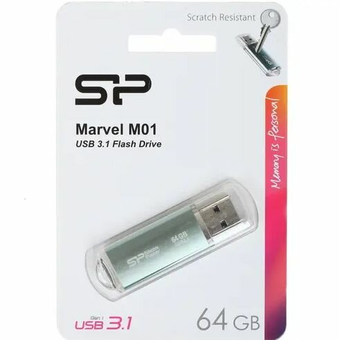 Память USB Flash 64 ГБ Silicon Power Marvel M01 (SP064GBUF3M01V1B) - USB 3.2 Gen1, до 60 Мбайт/сек, монолит с колпачком, металл, пластик
