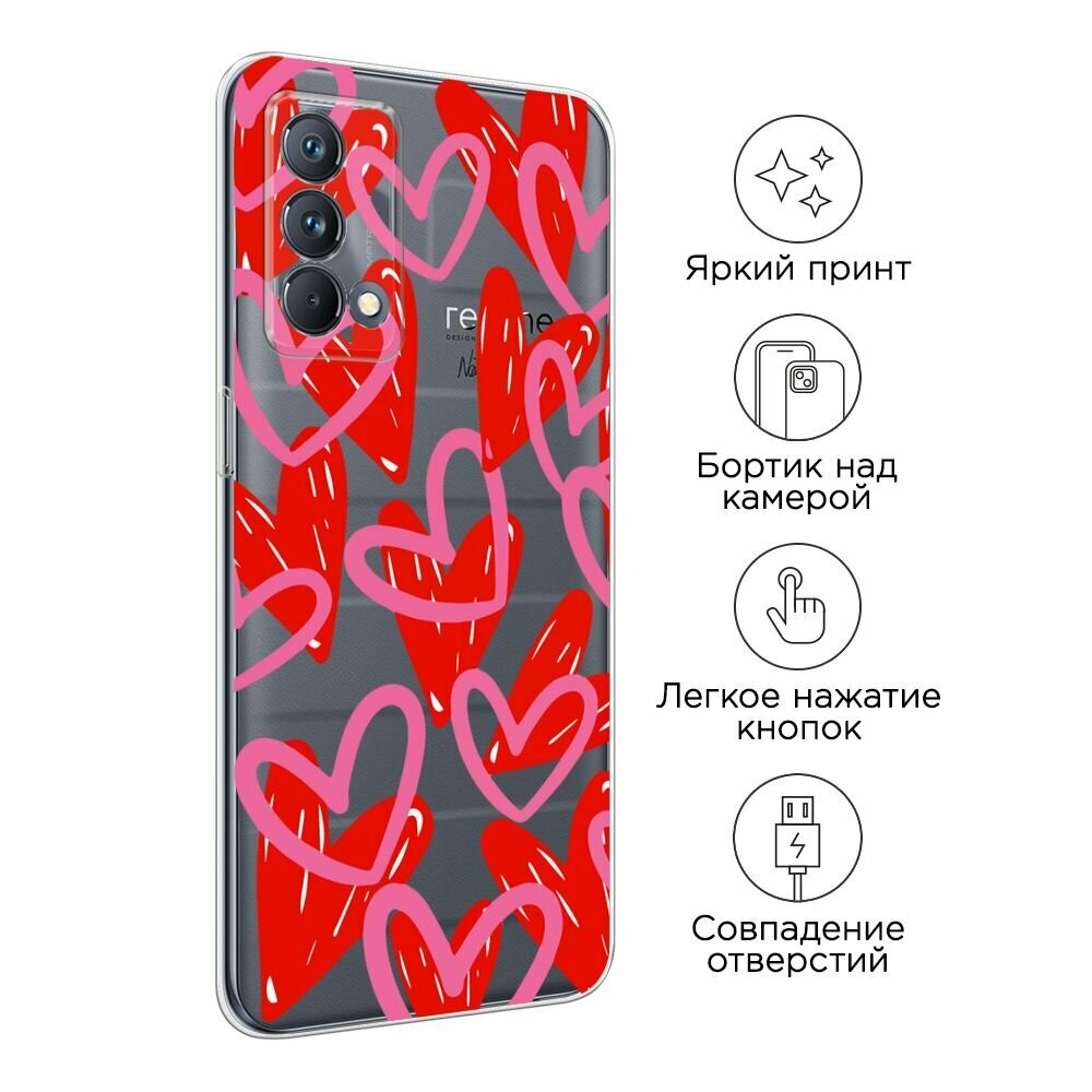 Чехол на Realme GT Master Edition / Реалми GT Мастер Эдишн с принтом "Hearts doodles - 14 февраля", прозрачный — фото 1