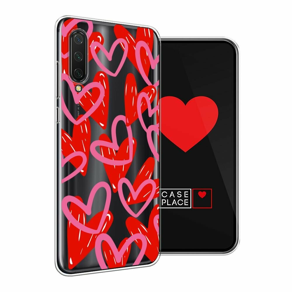 Чехол на Xiaomi Mi CC9/A3 Lite/9 Lite / Сяоми Mi CC9/A3 Lite/9 Lite с принтом "Hearts doodles - 14 февраля", прозрачный — фото 1