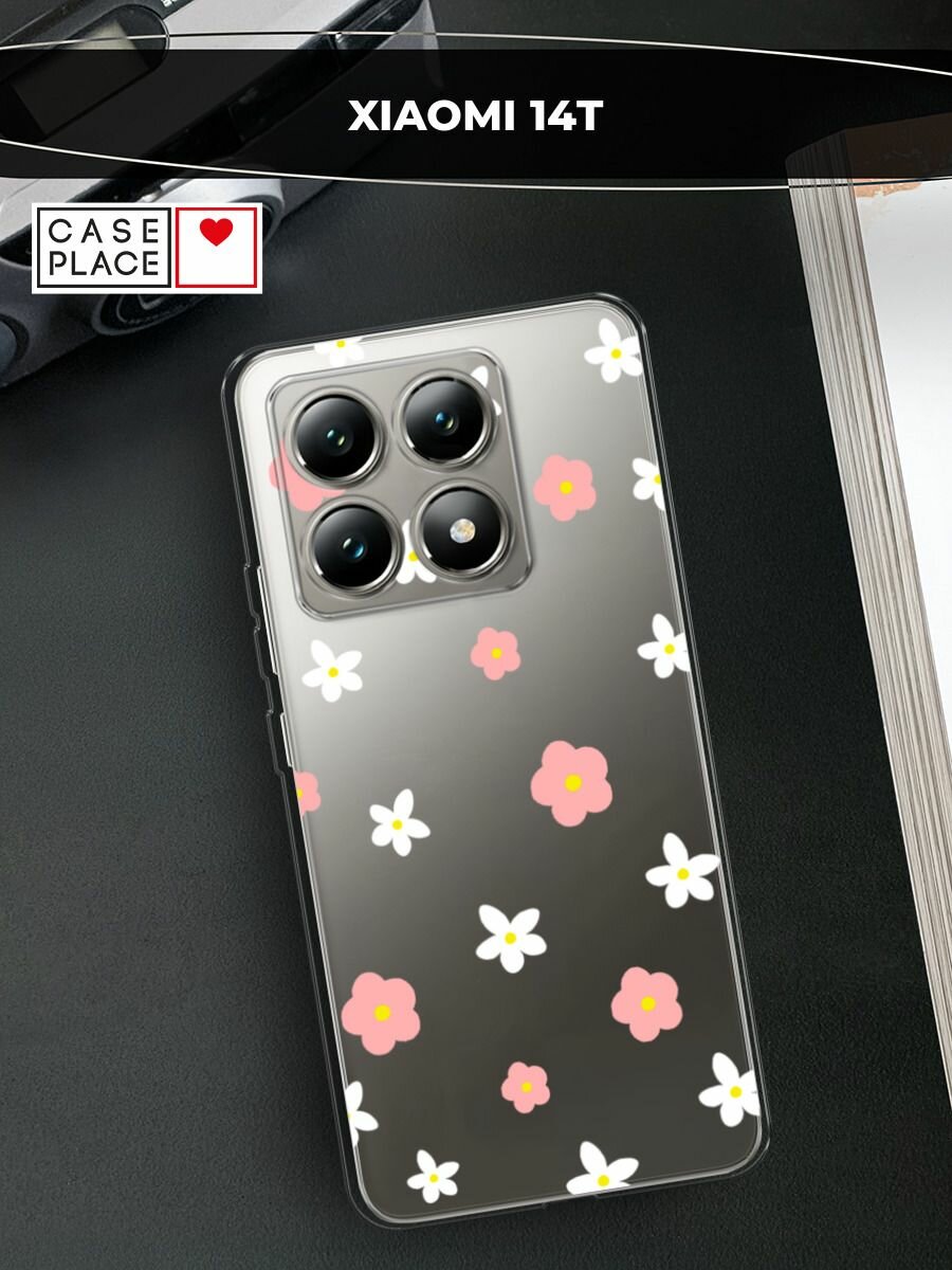 Чехол на Xiaomi 14T / Сяоми 14T с принтом "Розовые и белые цветы", прозрачный
