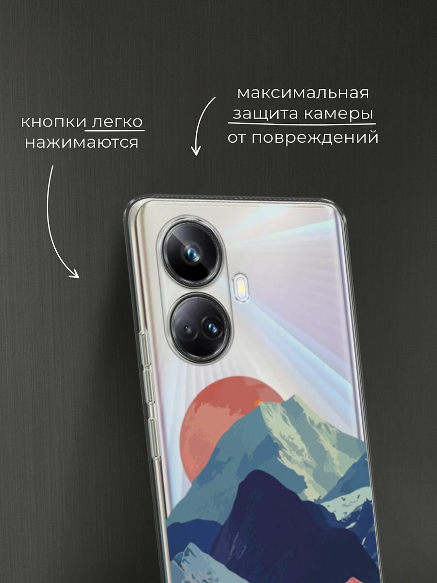 Чехол на Realme 10 Pro+ / Реалми 10 Про+ с принтом "Закат в снежных горах", прозрачный — фото 1