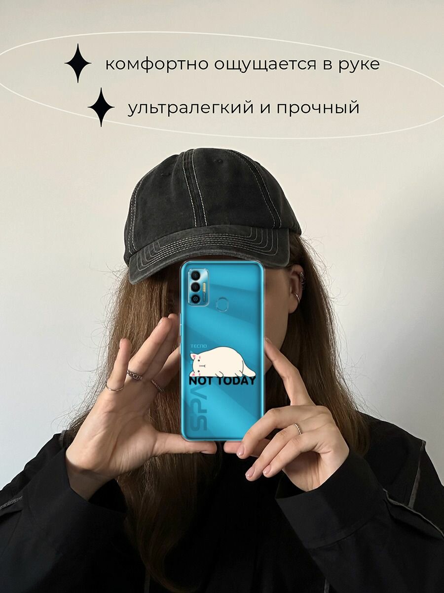 Чехол на Tecno Spark 7 / Техно Спарк 7 с принтом "Cat not today", прозрачный — фото 1