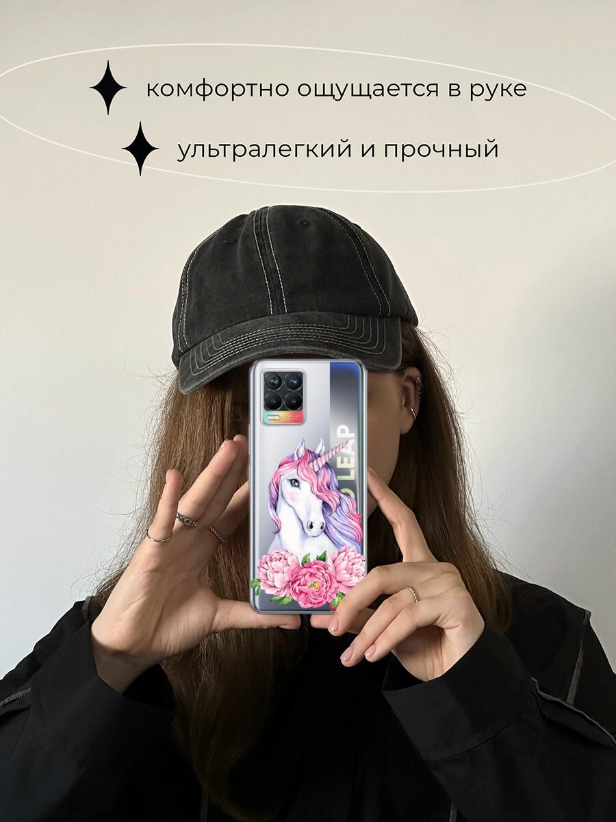 Чехол на Realme 8/8 Pro / Реалми 8/8 Про с принтом "Единорог с пионами", прозрачный — фото 1