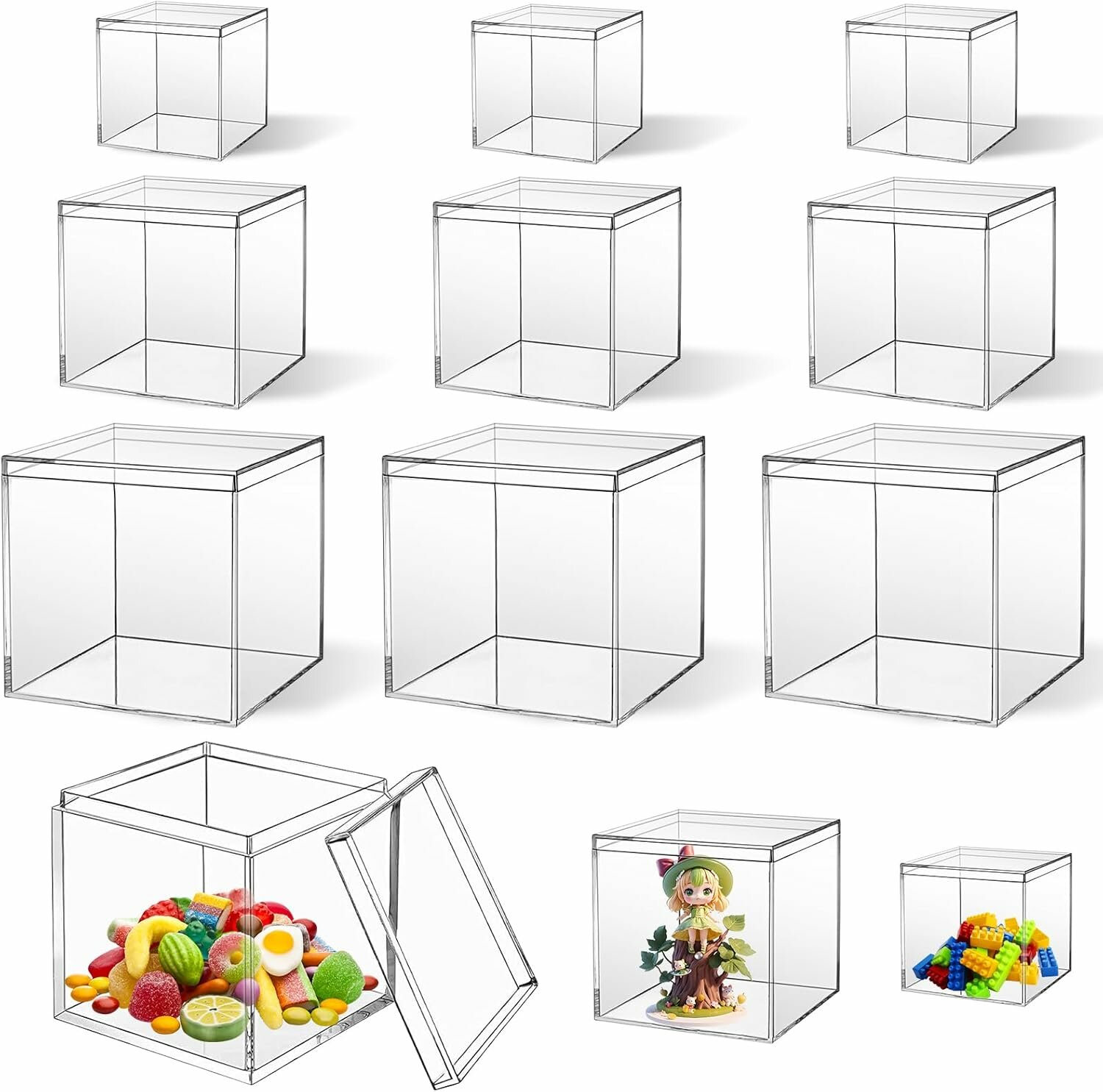 12 прозрачных акриловых коробочек-кубиков с крышками для украшений, игрушек, конфет, аксессуаров для волос, игр и т. д.