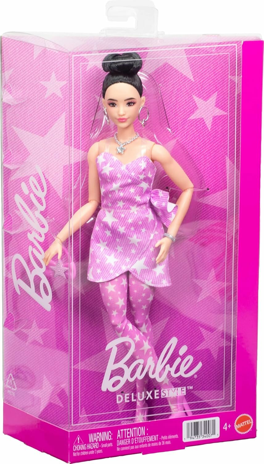Кукла Mattel Barbie Deluxe Style - Кукла с чёрными волосами, собранными в пучок в розовом наряде со звездами - Барби JJN71