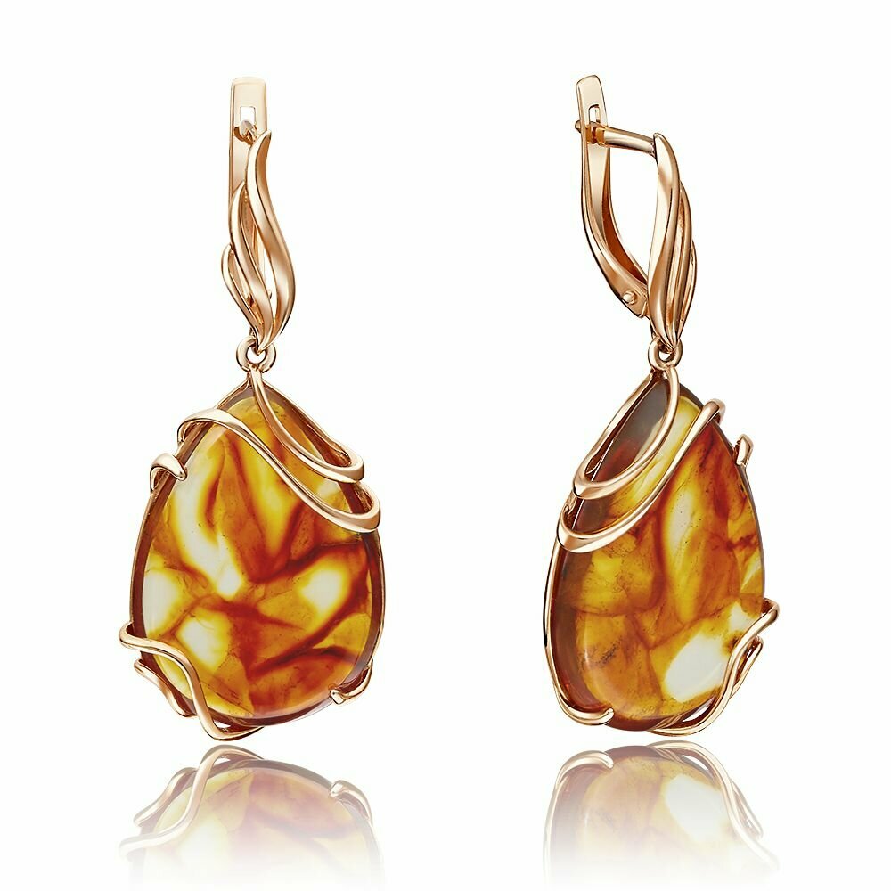 Серьги, красное золото, 585 проба, янтарь