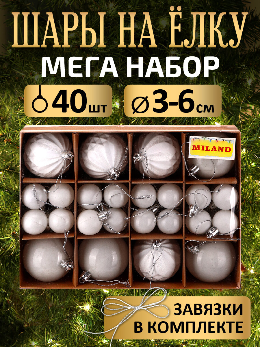 Набор новогодних белых елочных шаров 8 шт d-6 см, 32 шт d-3 см, пластик НУ-2683