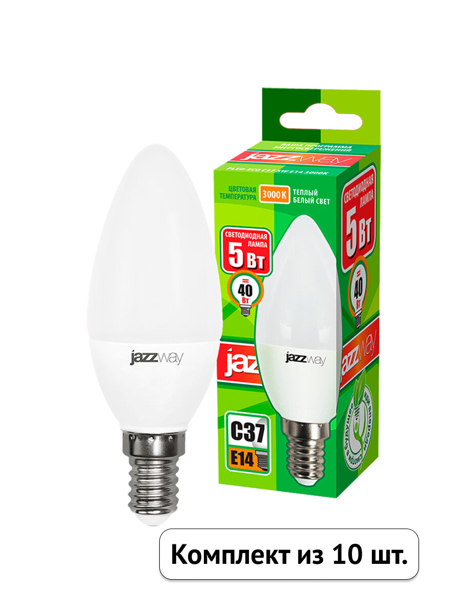 Лампочка светодиодная Jazzway Pled Eco 5Вт, 3000K, 400Лм, Е14, теплый белый свет, свеча (комплект из 10 шт.)