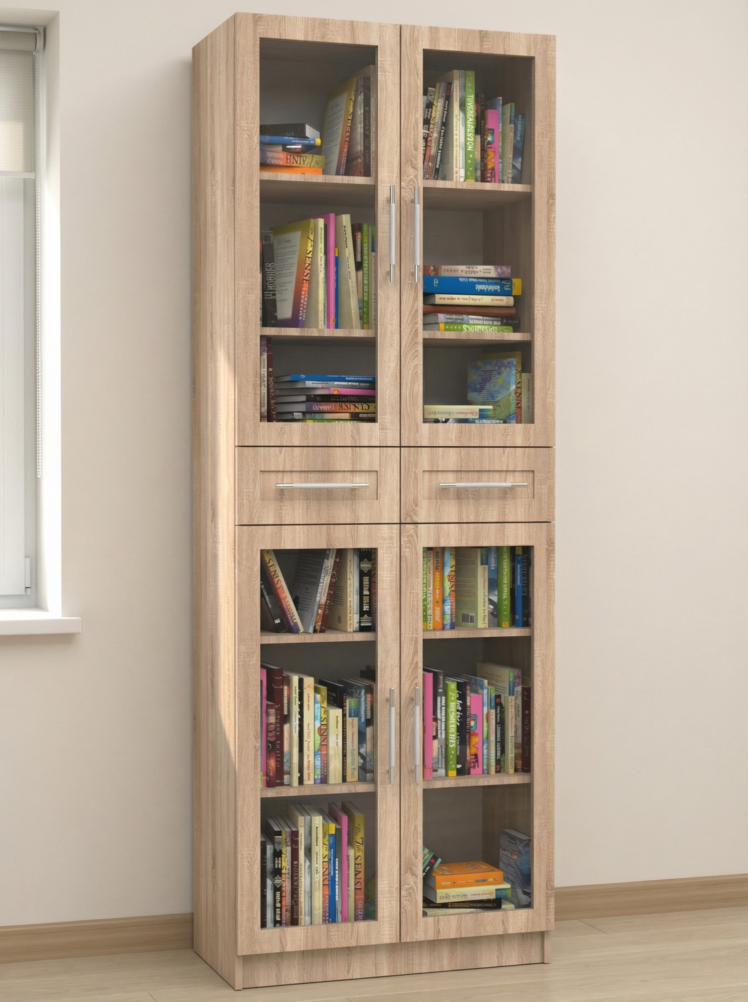 Шкаф книжный двухстворчатый Вита 2-7 с 2 ящиками, ШхГхВ: 68х38х210 см, дуб сонома