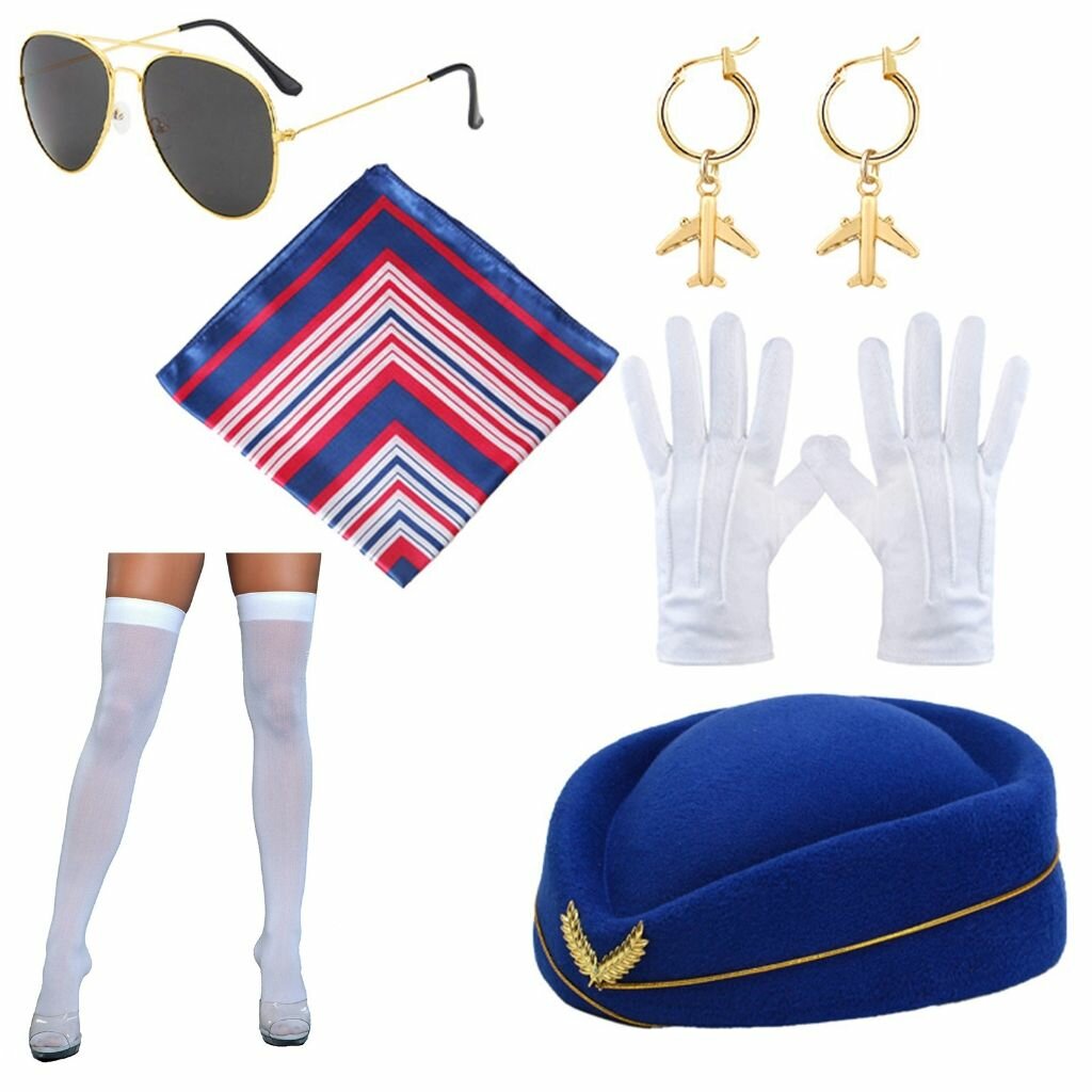 Костюм стюардессы с аксессуарами: шляпа, шарф, брошь, очки, перчатки, серьги для женщин