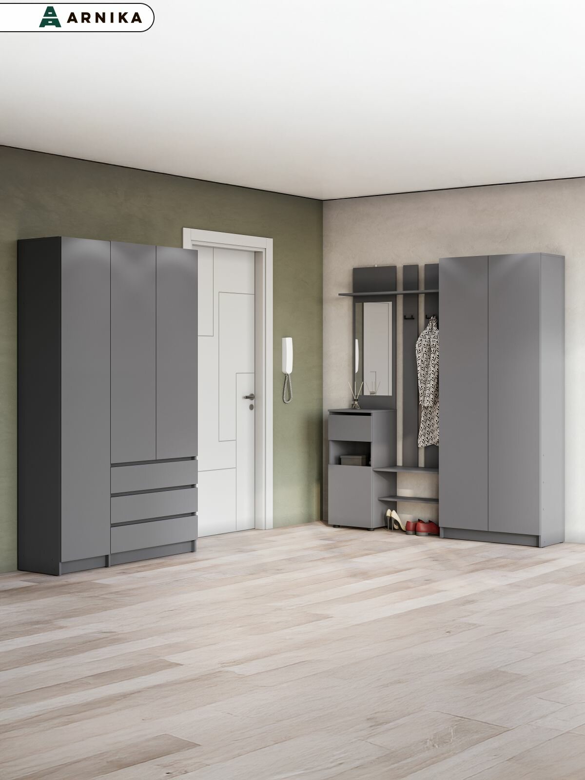 Прихожая ARNIKA "Бали", с зеркалом, 3 м, ЛДСП, цвет графит, современный стиль