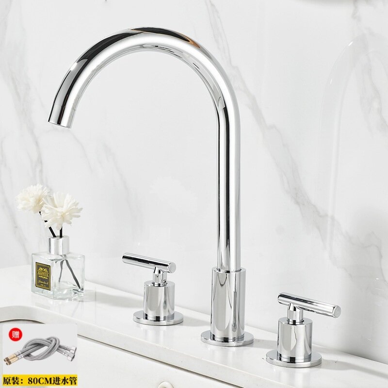 Европейский стиль, золотая разделенная полная медная раковина, трехотверстный водопровод, четырехкомпонентный набор, холодная и горячая ванная комната, умывальник, смеситель с двойной ручкой