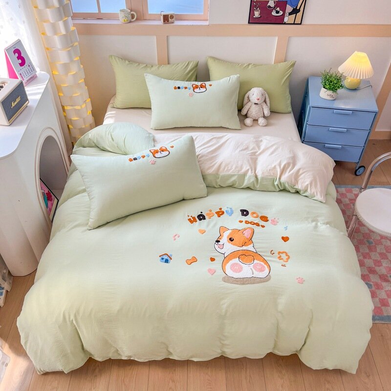 Moe Corgi Светло-бежево-зеленый 1.5м Набор простыней - Пододеяльник 150x200см, Простыня 180x230см, Наволочки 48x74см