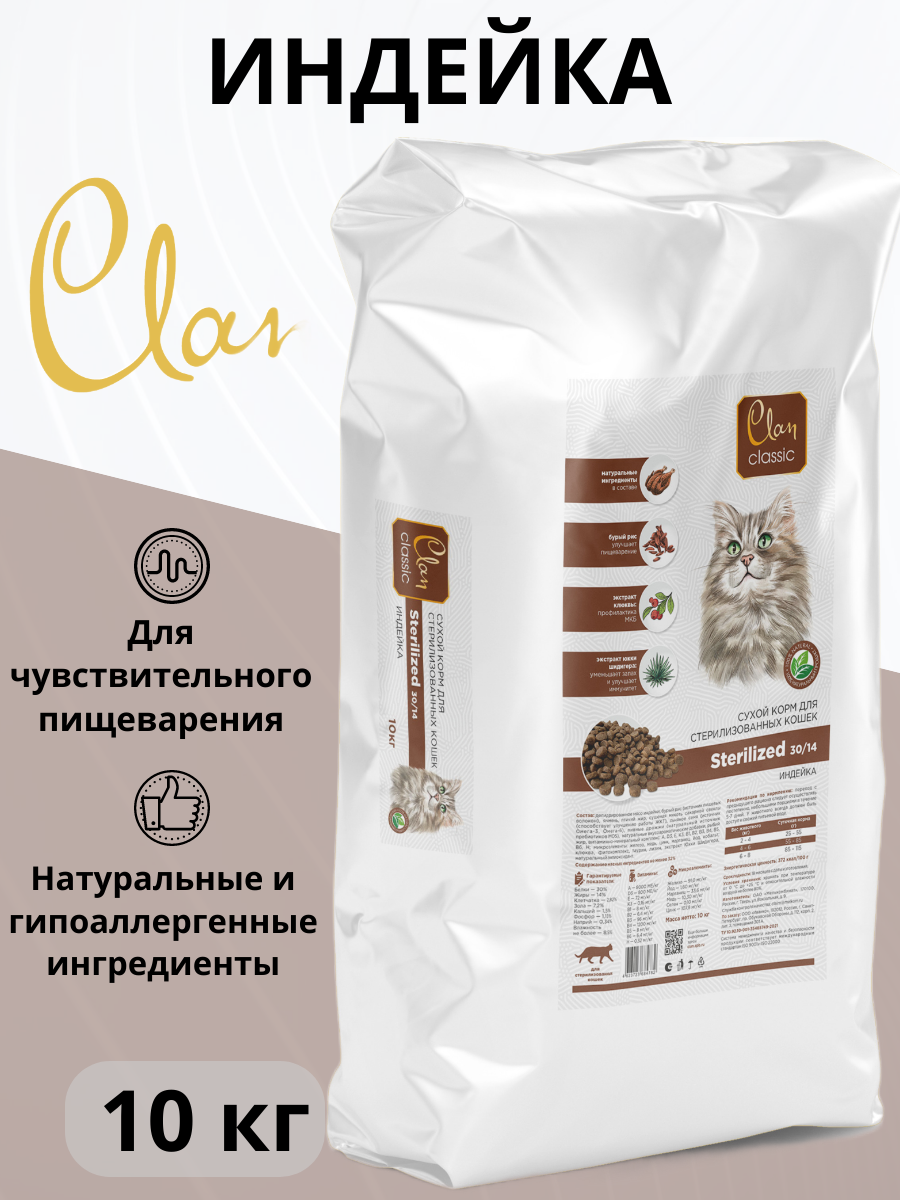 Сухой корм Clan для стерилизованных кошек любых пород, с индейкой 10 кг