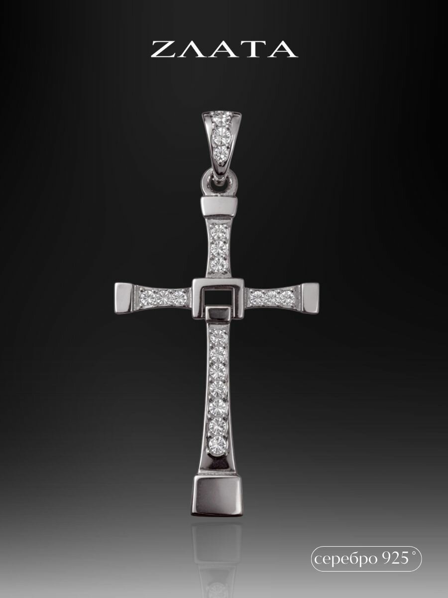 Крестик, серебро, 925 проба, родирование, фианит