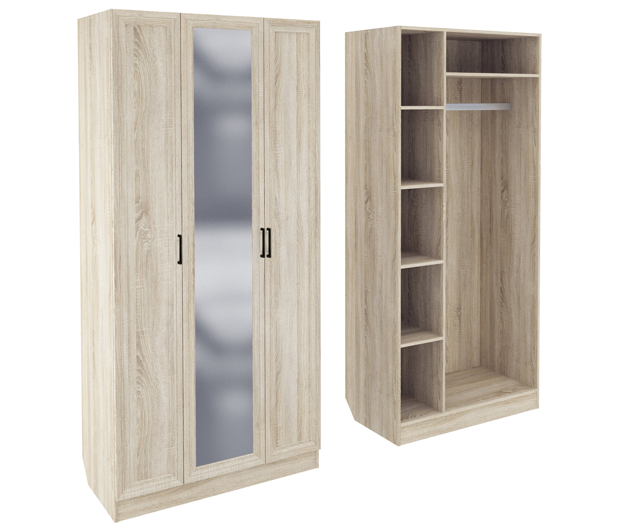 Шкаф распашной, гардероб, шкаф для одежды с зеркалом ШК-3 М 100/210/52 Дуб сонома