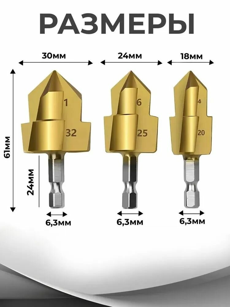 Универсальное ступенчатое сверло 20/25/32, набор из 3 шт, для водопроводных труб