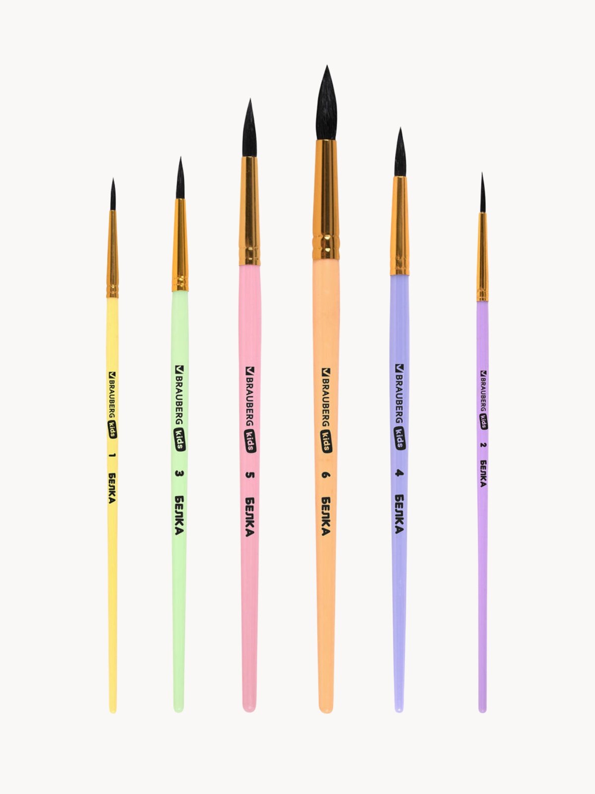 Кисти для рисования в школу набор 6 штук, кисточки круглые № 1, 2, 3, 4, 5, 6, белка, Brauberg Kids, 201083