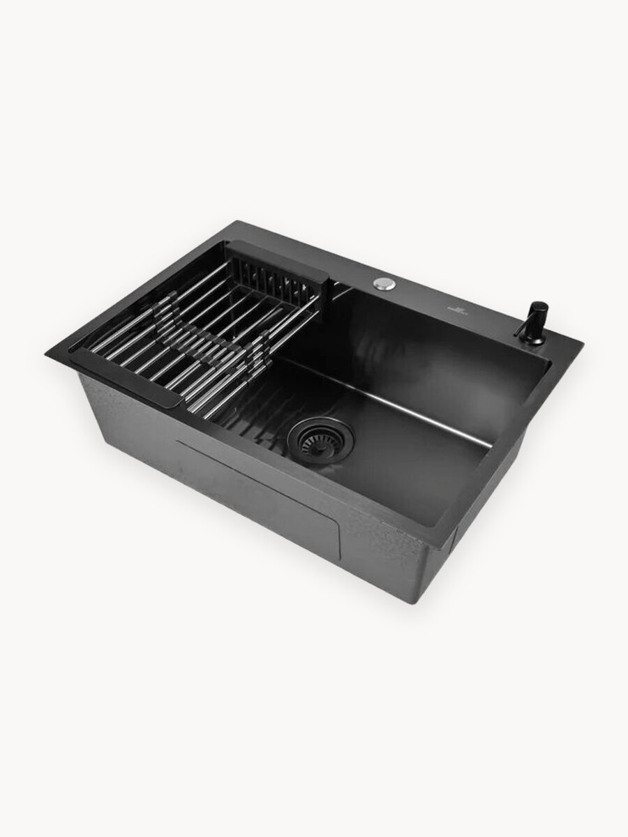 Мойка для кухни нержавеющая 70х50, с PVD покрытием графит. Сифон с ведерком, дозатор, коландер.