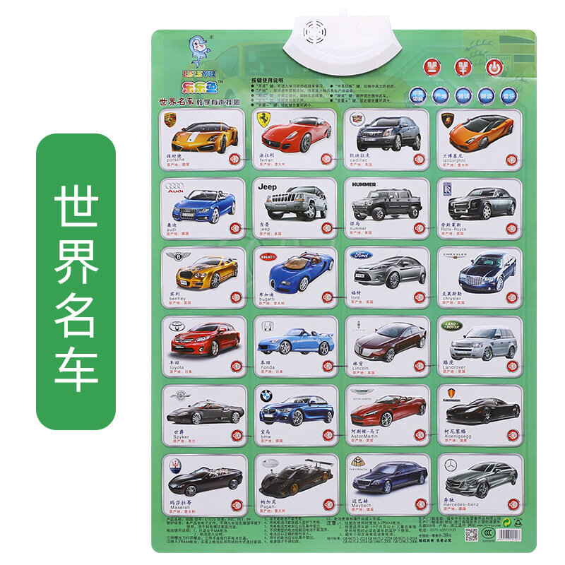 Детская интерактивная звуковая настенная диаграмма с темами известных автомобилей мира для раннего обучения,