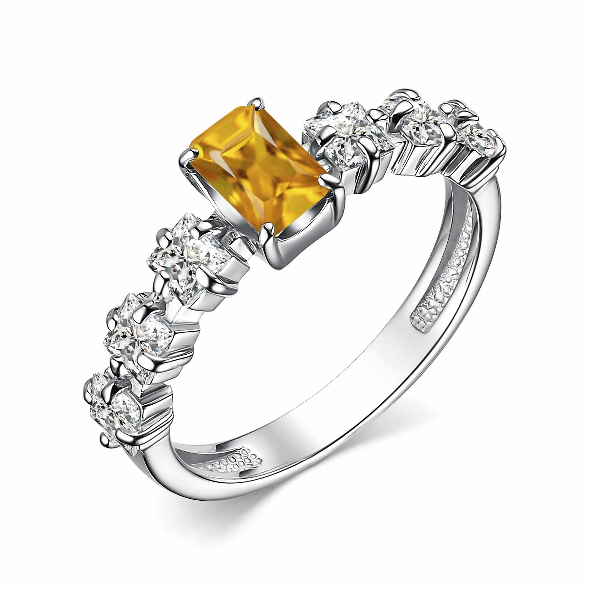 Кольцо, серебро, 925 проба, родирование, фианит, цитрин