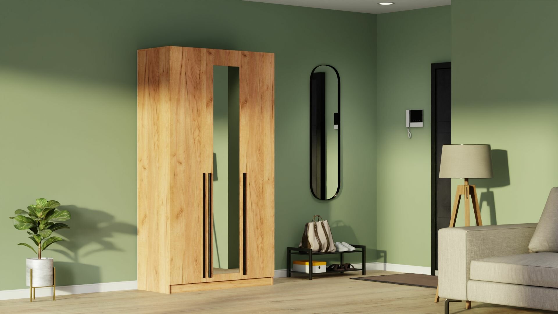 Шкаф распашной Берген ШК-1200 с зеркалом Ронда ЗШК + ящики ВН2Я , дуб крафт золотой (Интерьер-Центр)