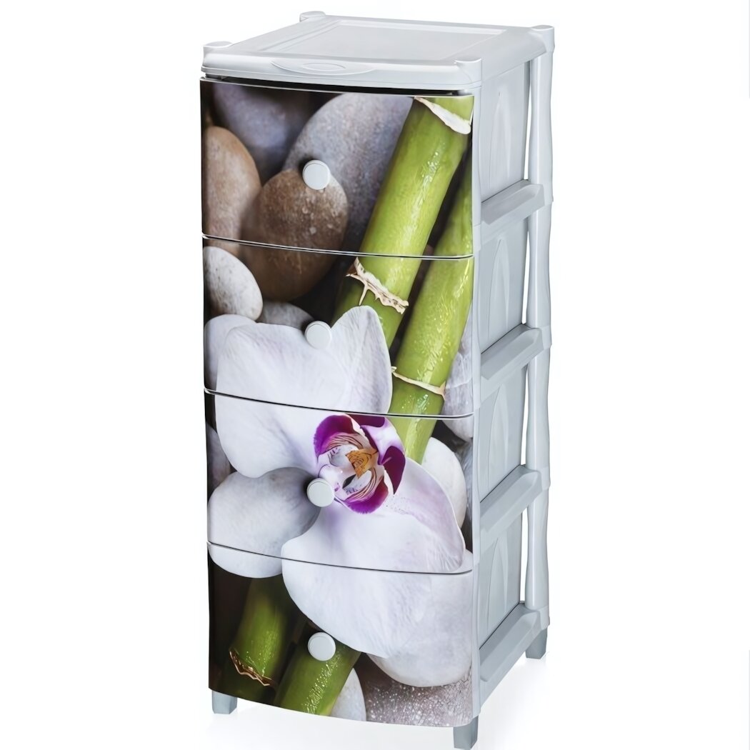 Комод пластиковый 4-х ящичный, декор "Орхидея", влагостойкий, белый, для дома и дачи