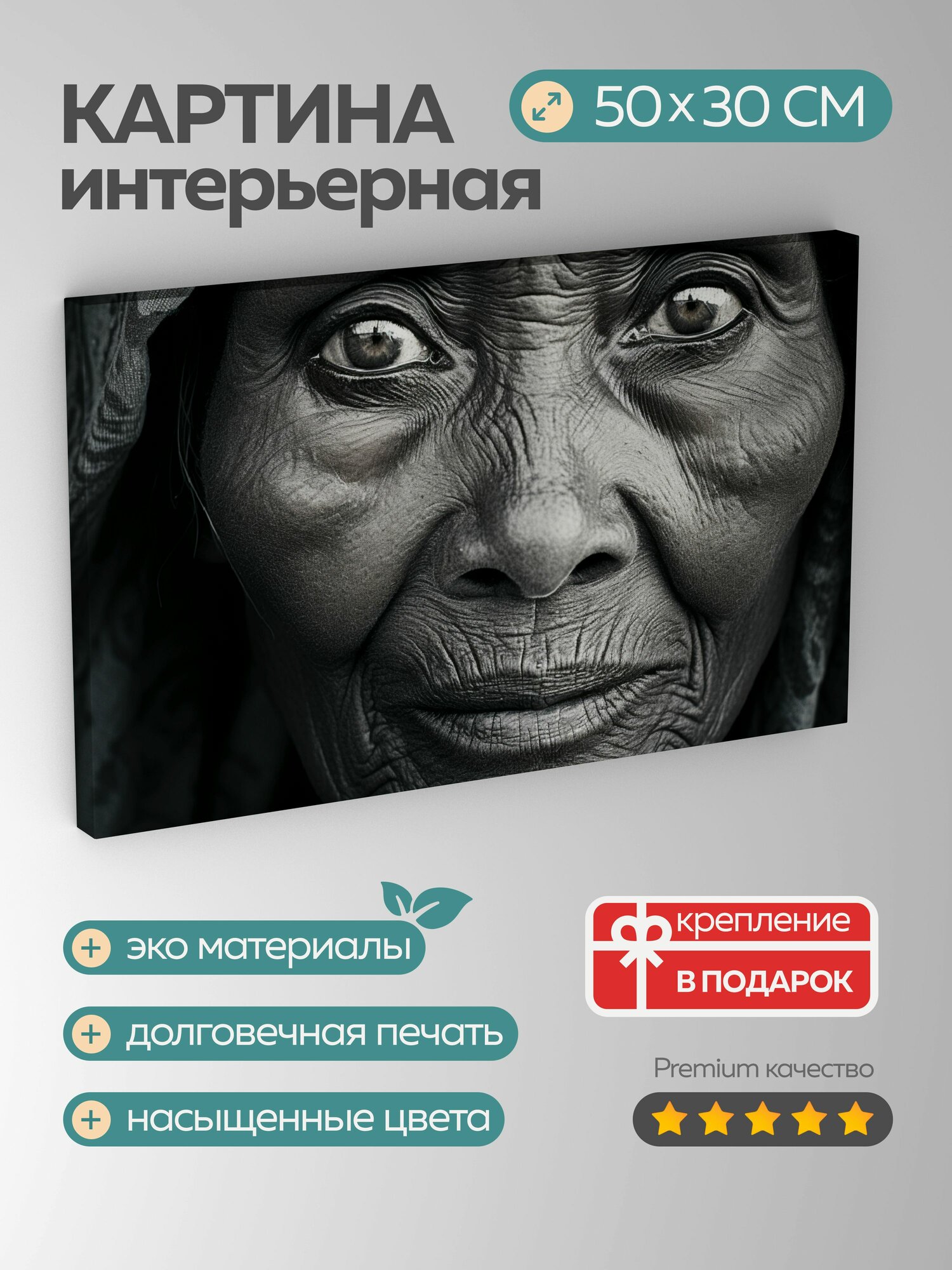 Картина на холсте интерьерная 50х30 см, черно-белая фотография, пожилая женщина, глаза, мудрость, опыт, сила, борьба, f