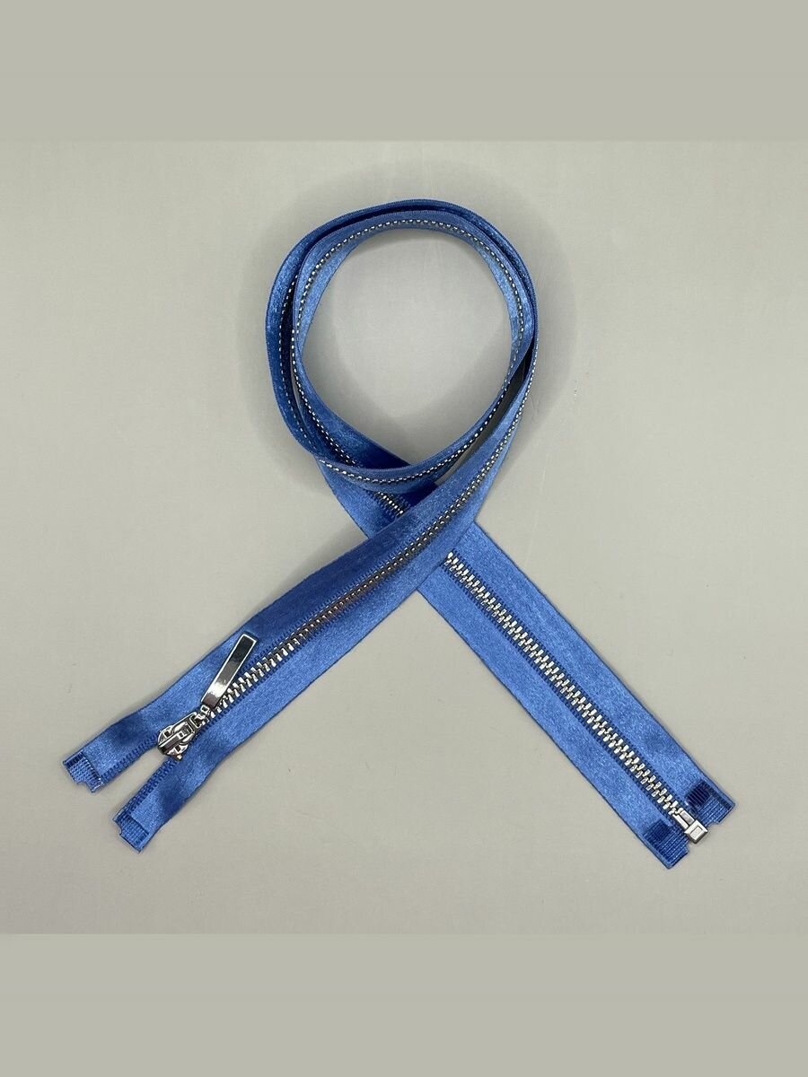 Молния металл,60см, тип 4, на атласной тесьме, светло-синий, зубья серебро. Италия.1шт.