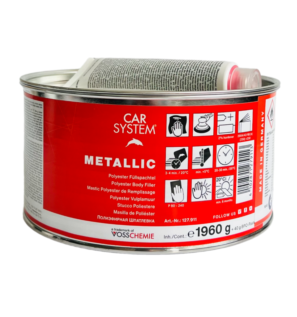 Шпатлевка 2К автомобильная полиэфирная с алюминием CarSystem METALLIC, серебристая 2.0кг, (с отвердителем)