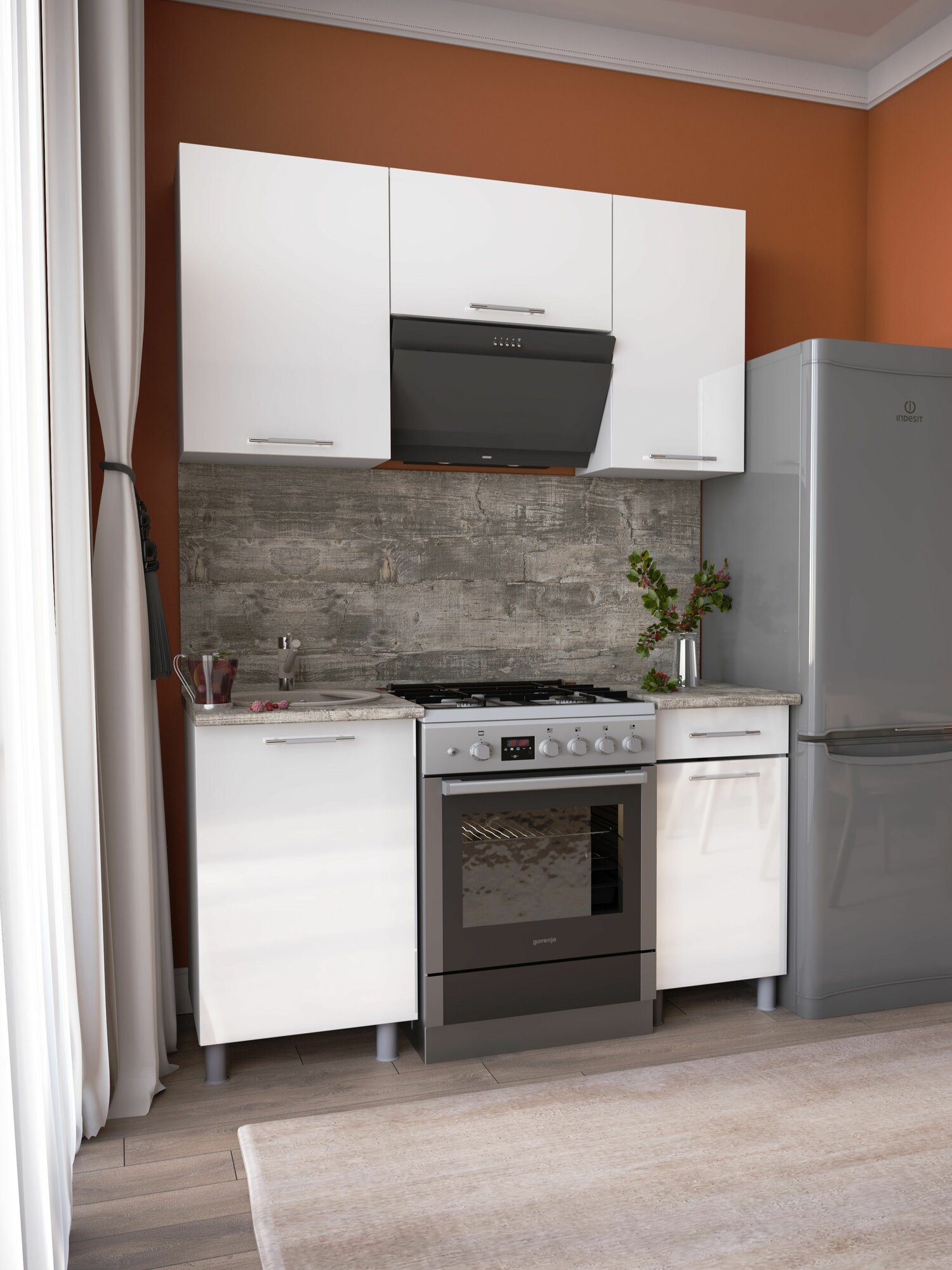 Кухонный гарнитур с окапом Танго МДФ 1,5м белый глянец без столешницы