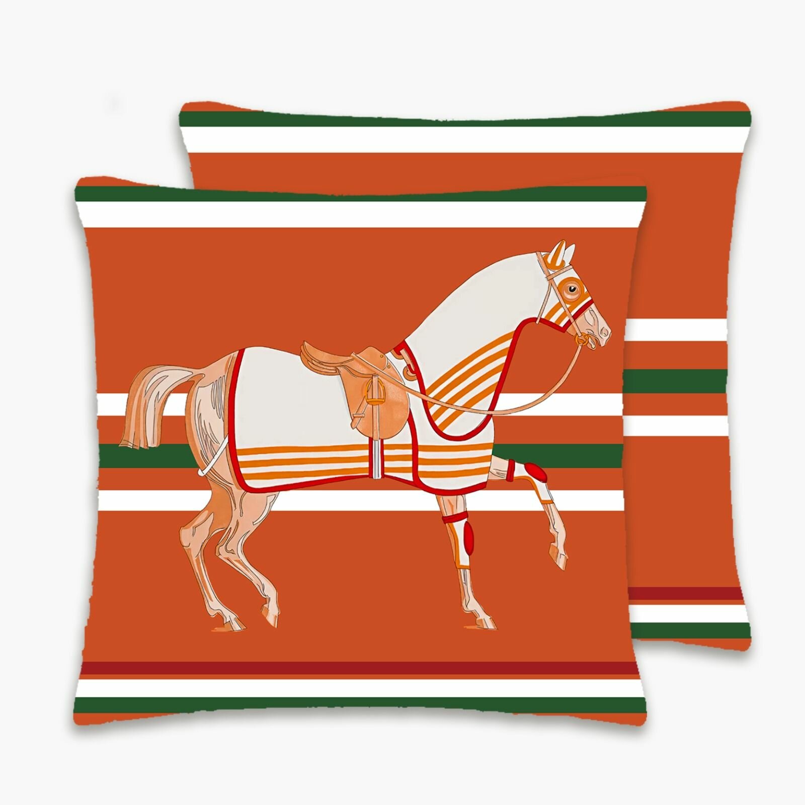 Подушка декоративная Лошадь оранжевый фон 45х45 велюр рисунок с двух сторон подарок, новый год, рождество