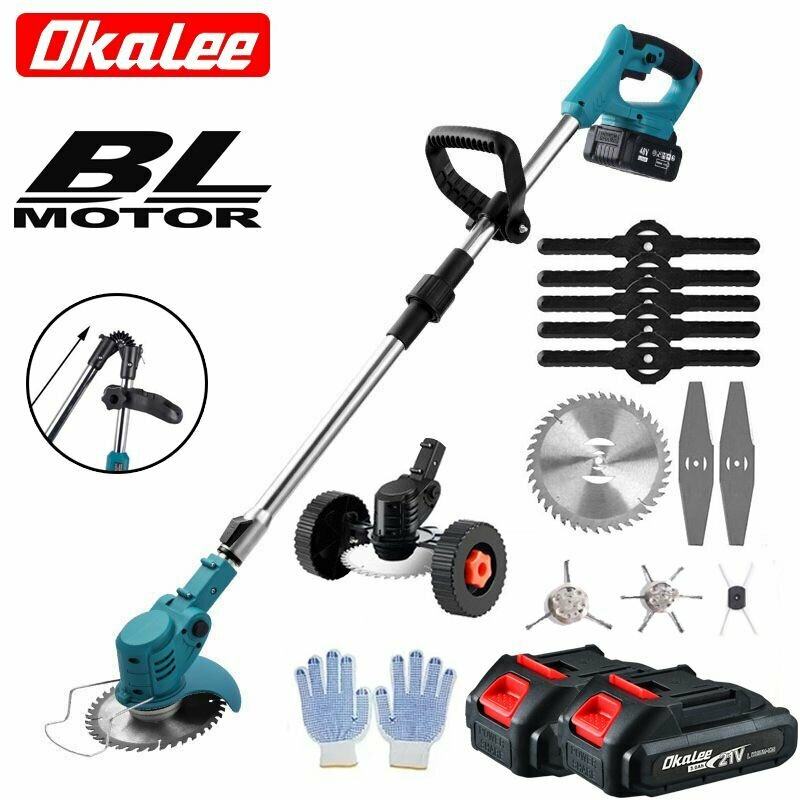 OKALEE Беспроводная электрическая газонокосилка 25000 об/мин, 3000 Вт, складной регулируемый триммер