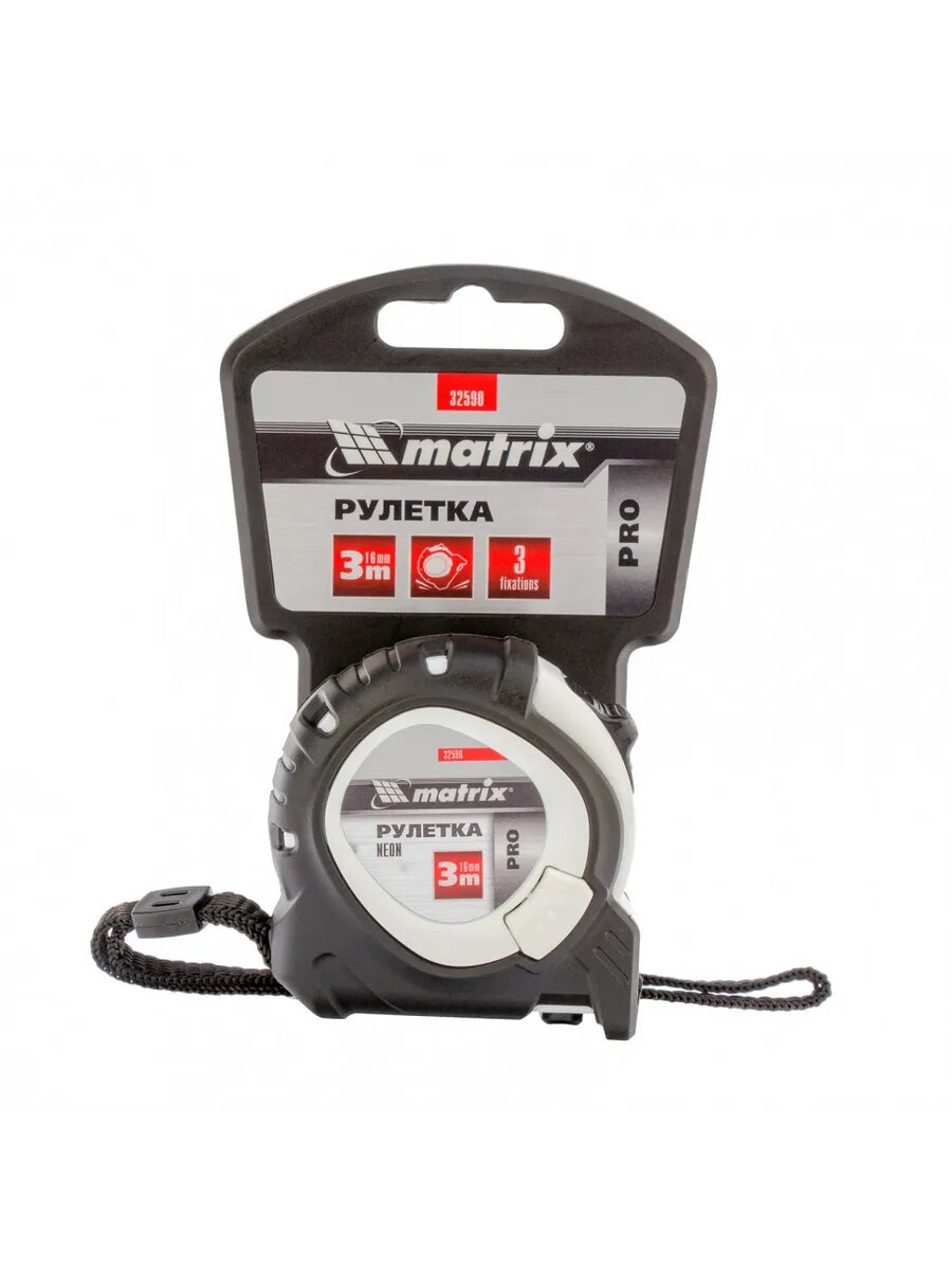 Рулетка Neon,3 м x 16 мм, обрезиненный корпус, MATRIX, 32590