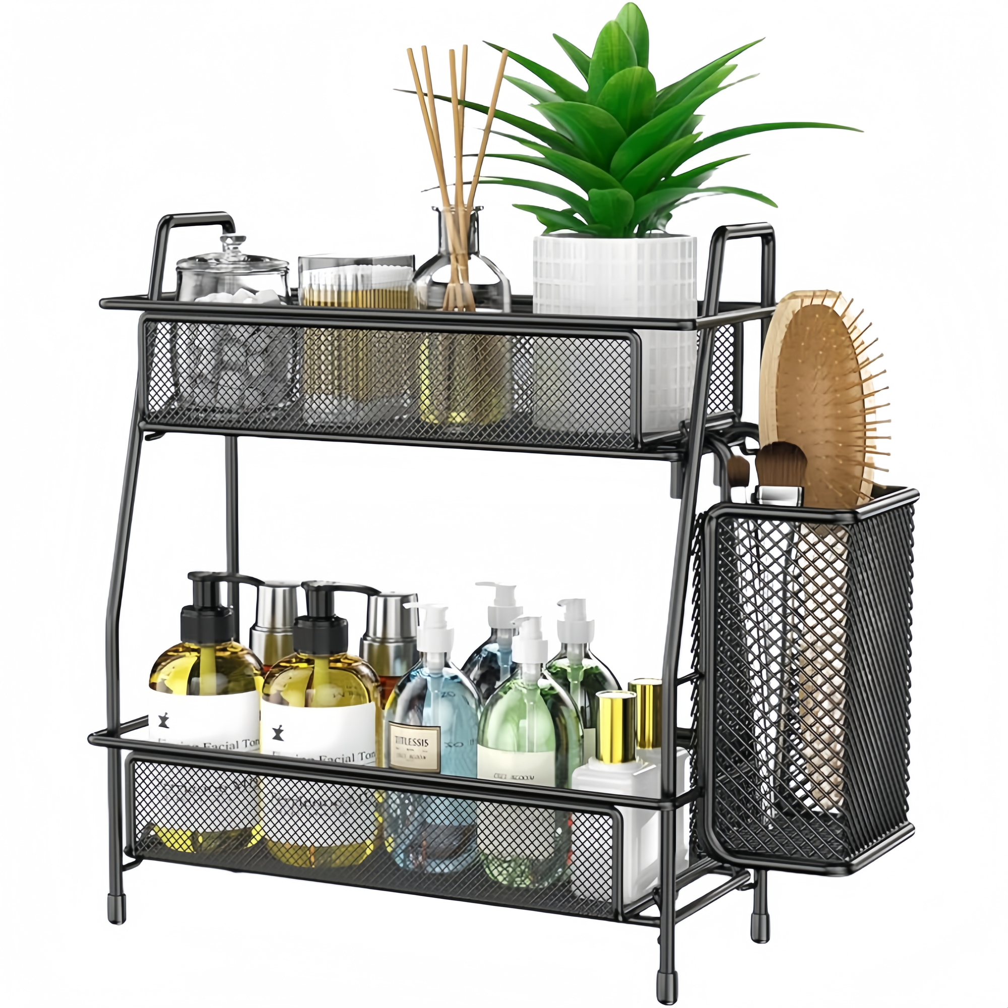 Органайзер для ванной комнаты с корзиной, 2-слойный стеллаж для хранения туалетных принадлежностей на столешнице