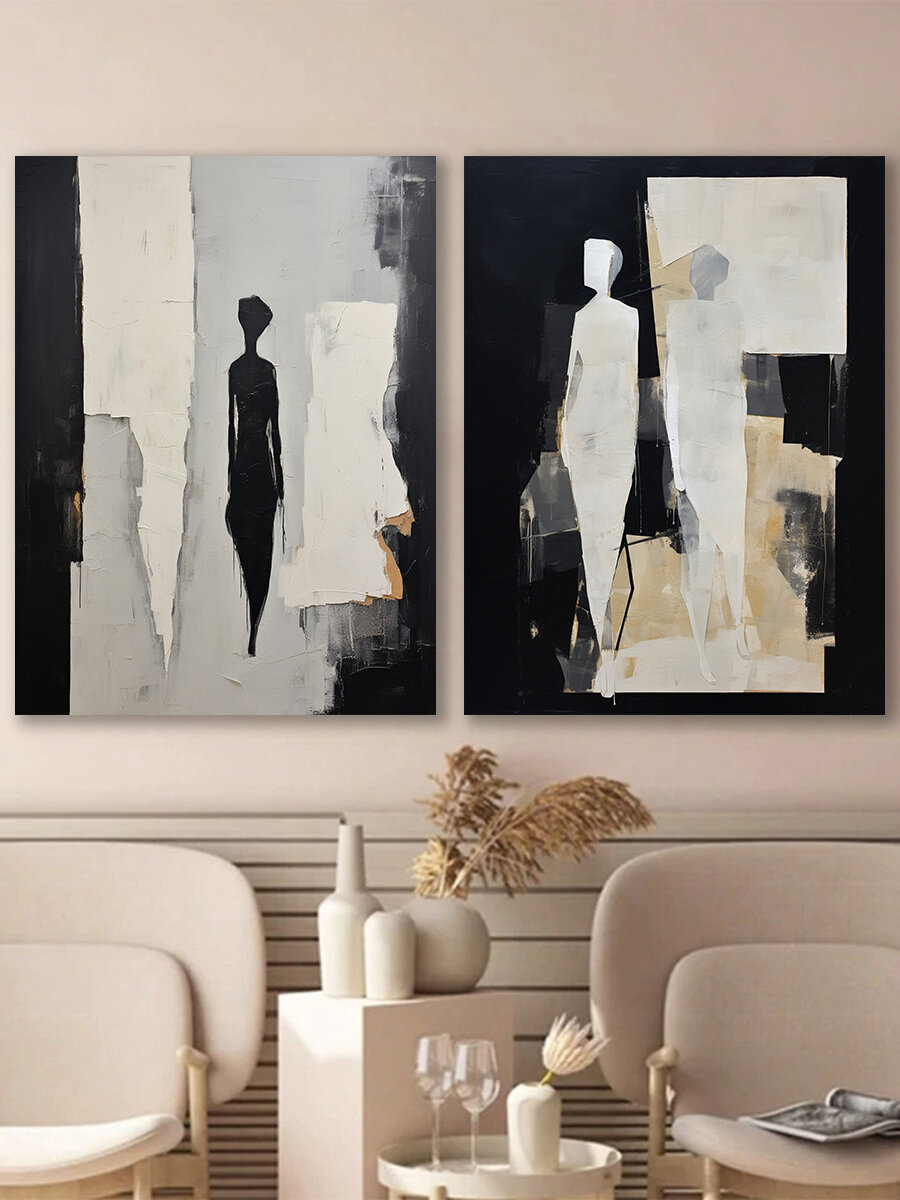 Картина модульная на стену / композиция из 2-х картин, "Силуэты людей, абстракция, пара девушка и мужчина", 70х100 см.