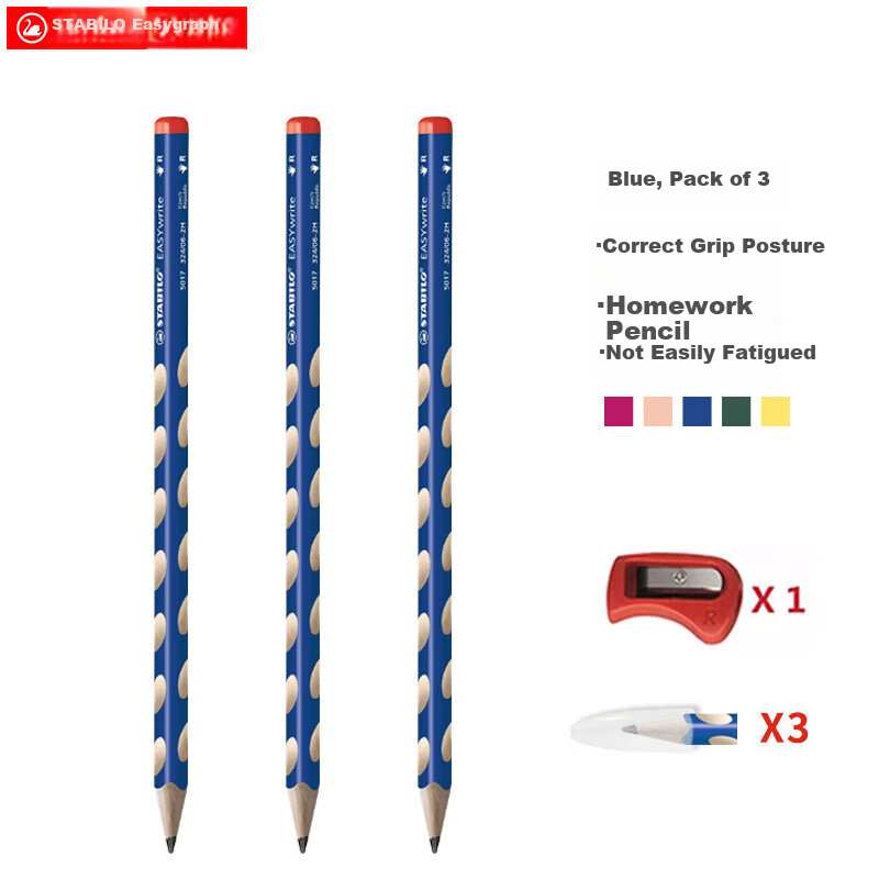 STABILO Hole Punch Pencil Primary School Stationery 2H Pencil Children's Corrective Grip Homework Pencil 324 Blue 3-Pack Large Size Pencil Children's Day Gift