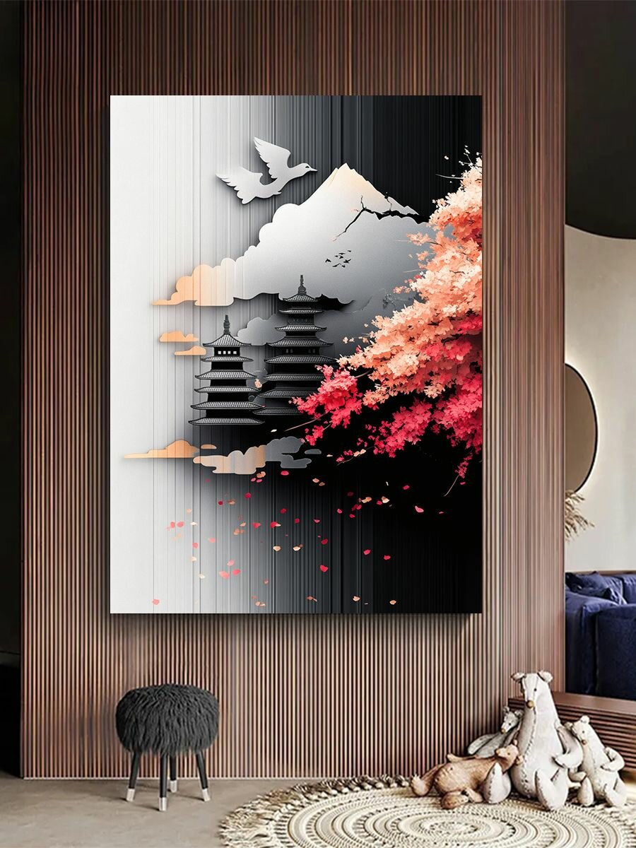 Картина на стену для интерьера - "Пейзаж в японском стиле / гора Фудзи и сакура" , 20х30 см.
