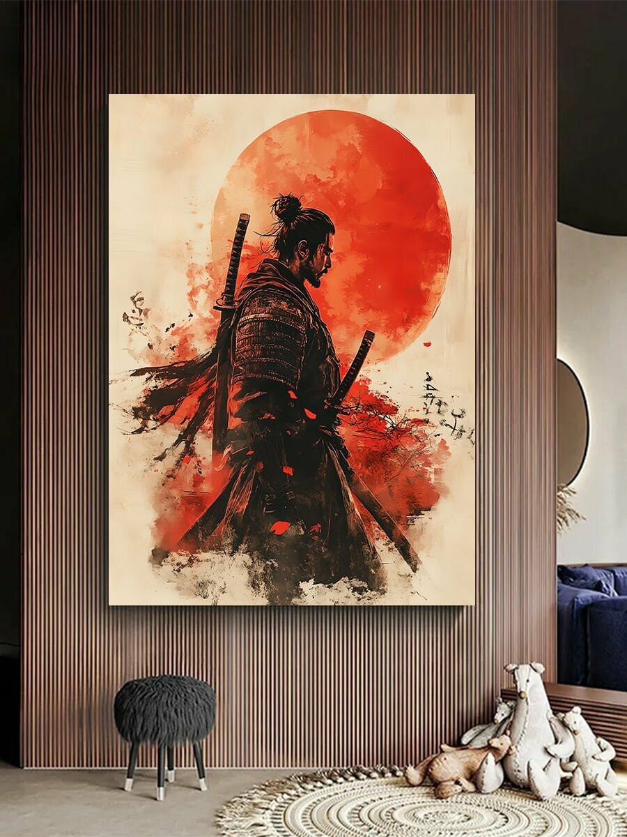 Картина интерьерная - "Восходящее солнце / Япония / Самурай" , 40х60 см.