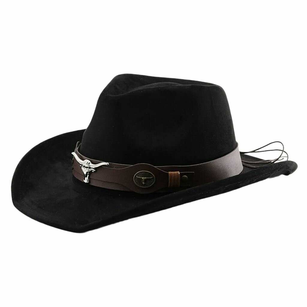 (1шт) Замшевая ковбойская шляпа в западном стиле с поясом из бычьей головы-черный