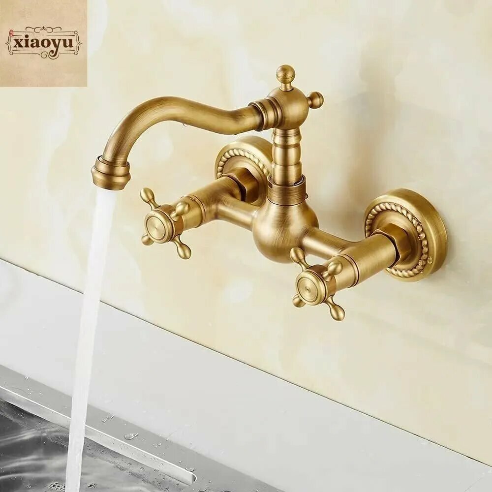 Настенный кухонный кран с возможностью поворота на 360 , старинный латунный настенный двухрычажный смеситель для раковины, настенный смеситель для раковины в стиле ретро