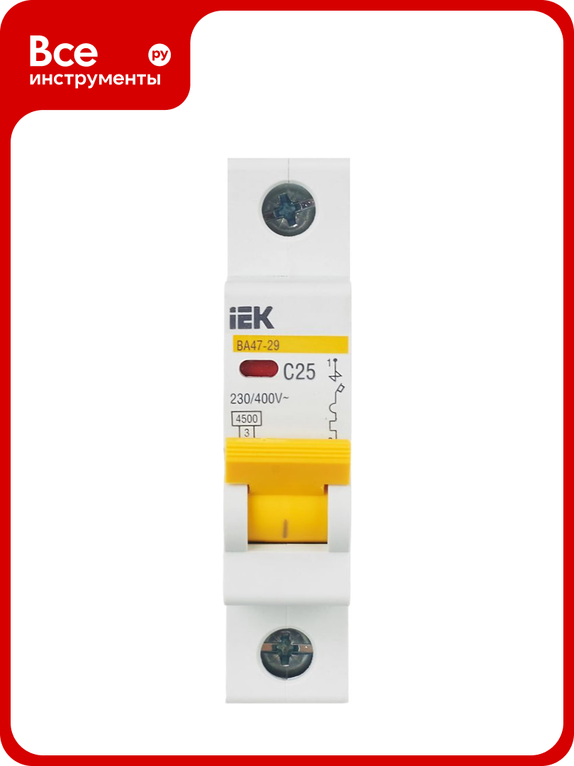 Автоматический, IEK, выключатель IEK ВА47-29 1п, 25А, "С", 4.5кА MVA20-1-025-C, защиты распределительных и групповых