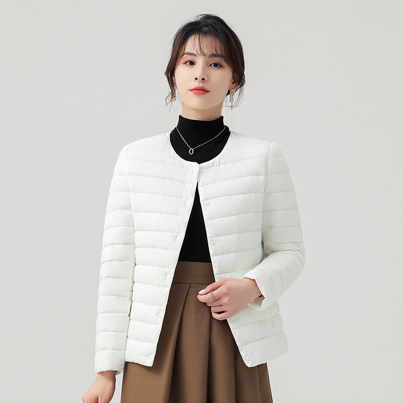 Куртка, Женская легкая пуховая куртка без воротника, ультратонкая и компактная для носки осенью и зимой, на белом пуху, с V-образным вырезом, универсальная под куртку
