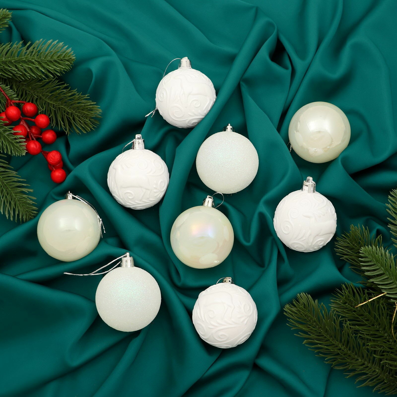 Ёлочные игрушки "Мелодия элит", шары новогодние, d=6 см, набор 9 шт, узор блеск, белый