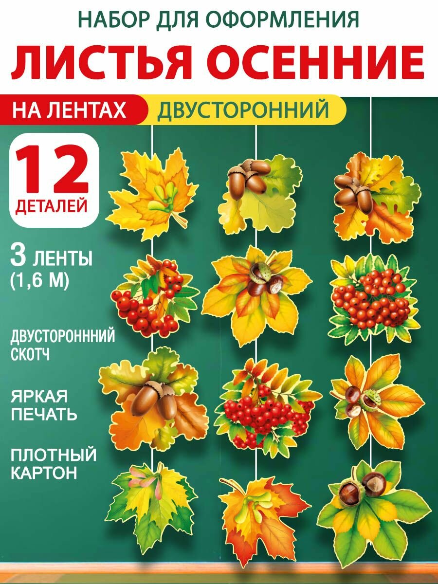 Осенние листья крупные оформительский набор в школу, детский сад 12 шт.