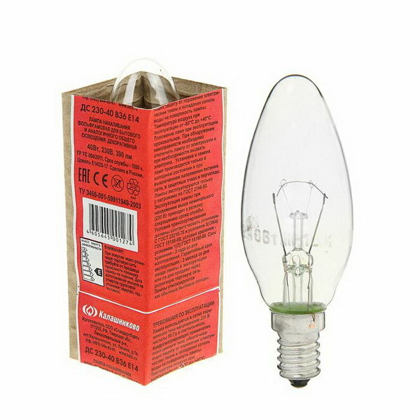 Лампа накаливания ДС, Е14, 40 Вт, 230 В, вид лампы: накаливания
