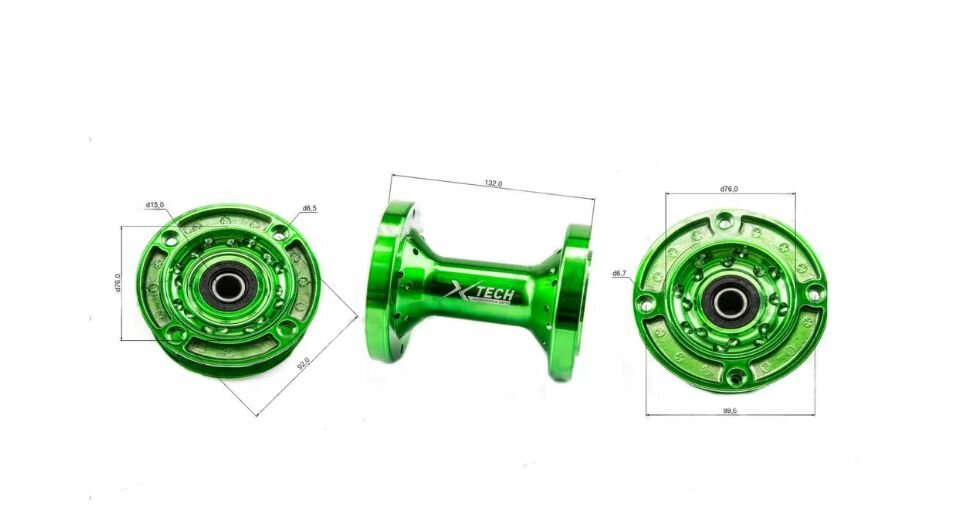 Ступица передняя CNC (R12"/14"/17" d15mm) зеленая 100x76x4 M6.9