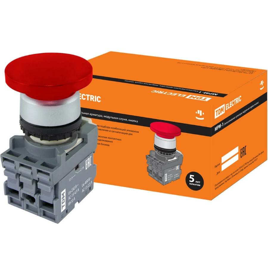 Кнопка грибовидная МРМ1-10R в сборе d40 мм 1з+1р красная TDM {SQ0747-0029}